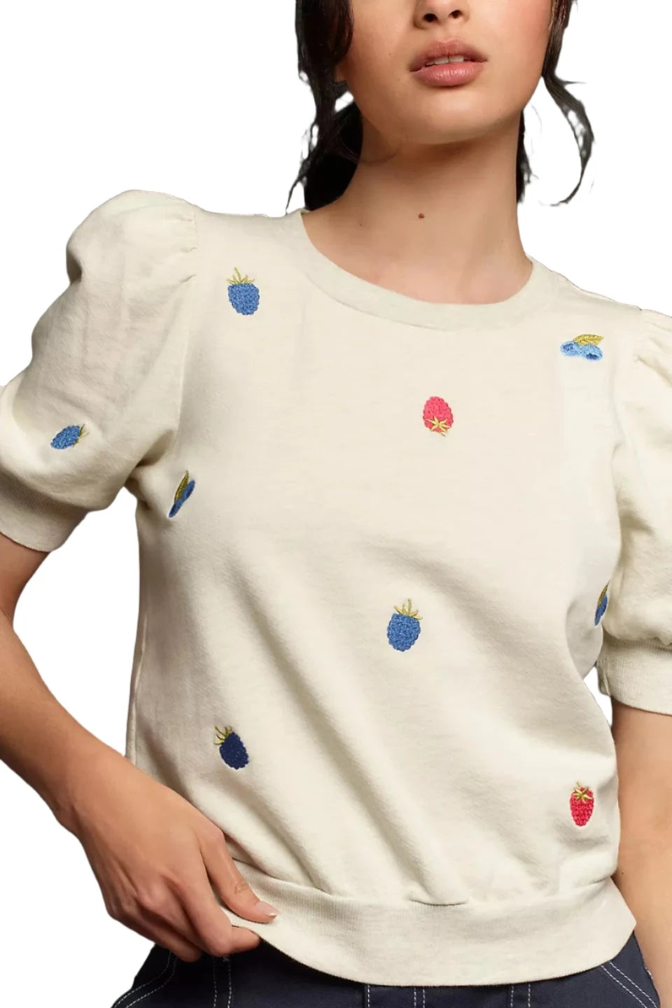 TLA Puff Sleeves Tee Shirt French Terry Beige with Berries – Fitness ...