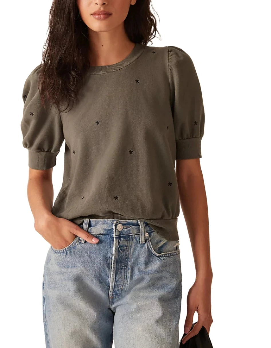 TLA Puff Sleeves Tee Shirt French Terry Charcoal with Stars and Petite